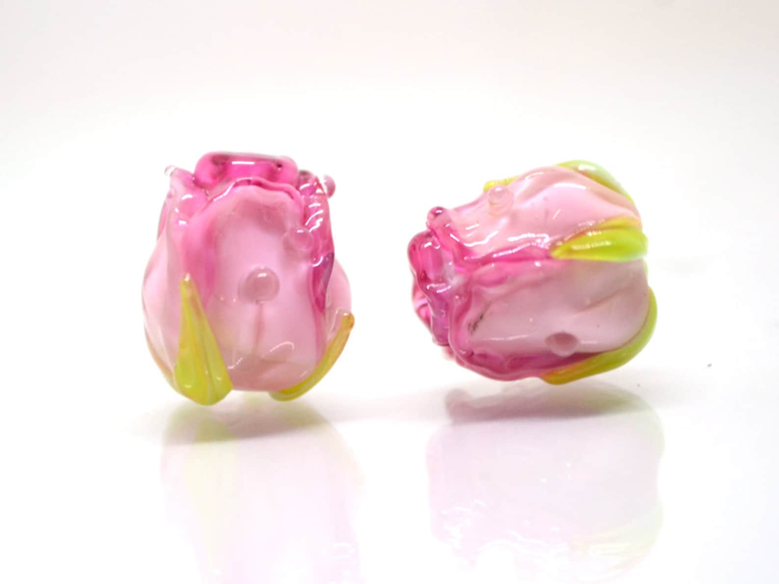 Bright Pink Rosebud Beads, Ombre Glass Beads, Gradient Floral Lampwork ...