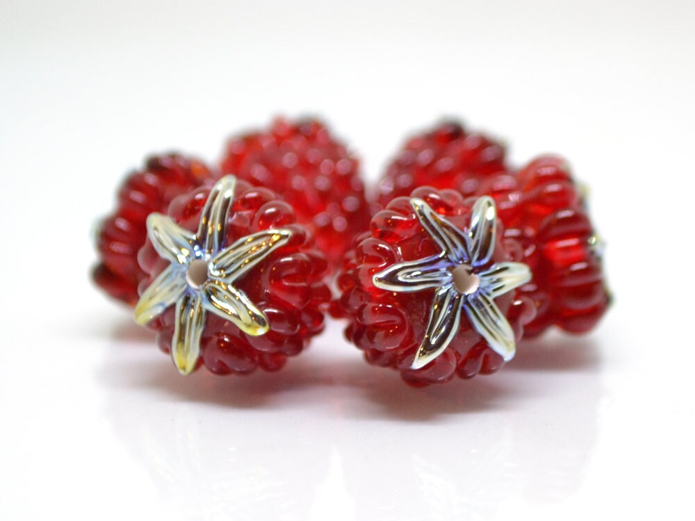 Red Silver Lampwork Raspberry, Red Glass Berries, Gloss Lampwork Beads ...