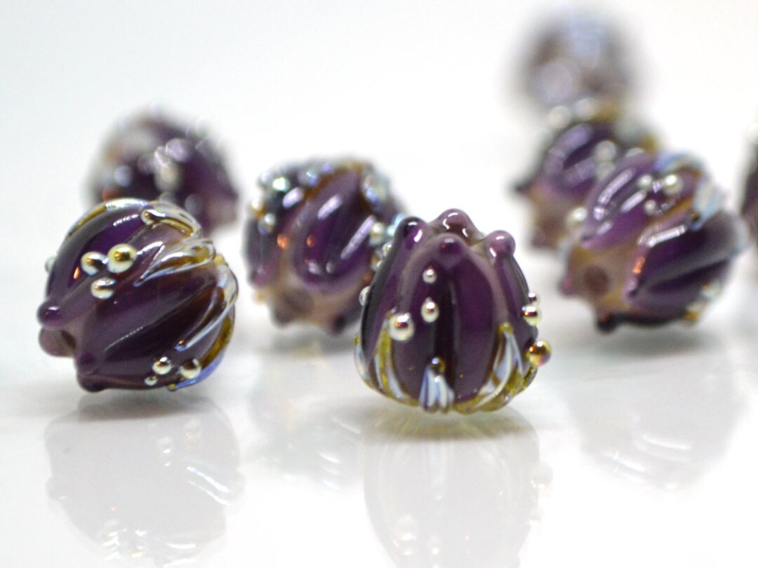 Dark Purple Flower Beads Silver Dots, 10mm Glass Beads, Artisan ...