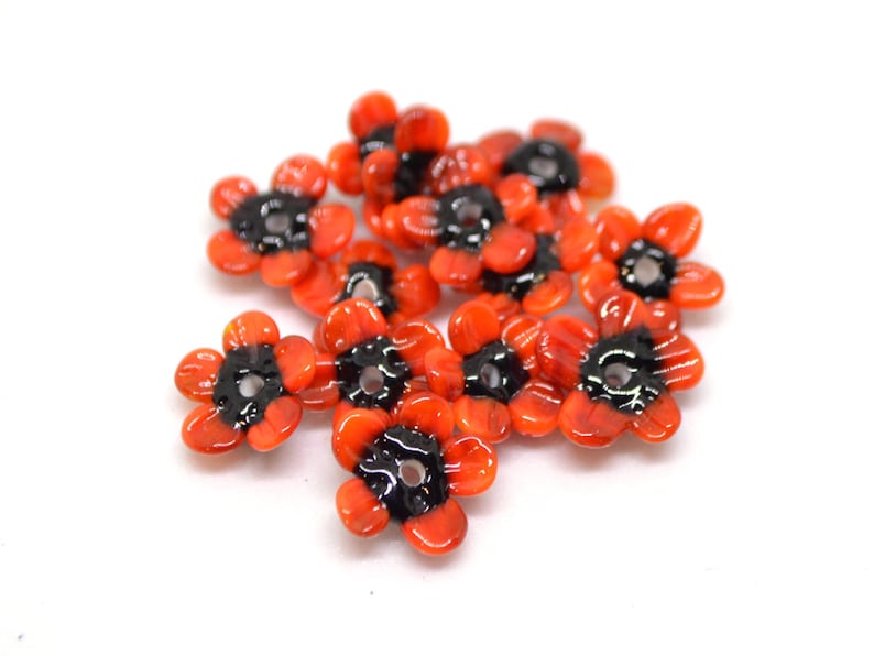 Red Poppy Glass Beads Very Small Red Flower Beads Red Black | Etsy