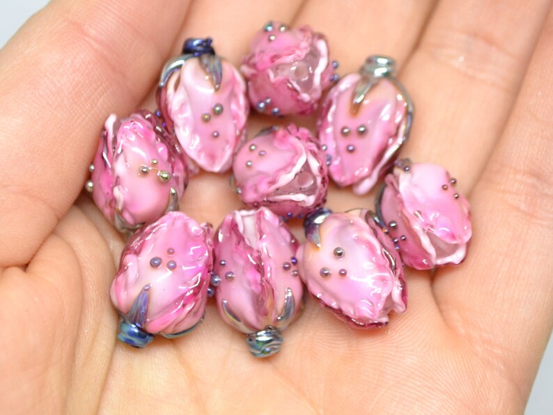 Amazing Pink Lampwork Flower Beads Pink White Glass Floral - Etsy