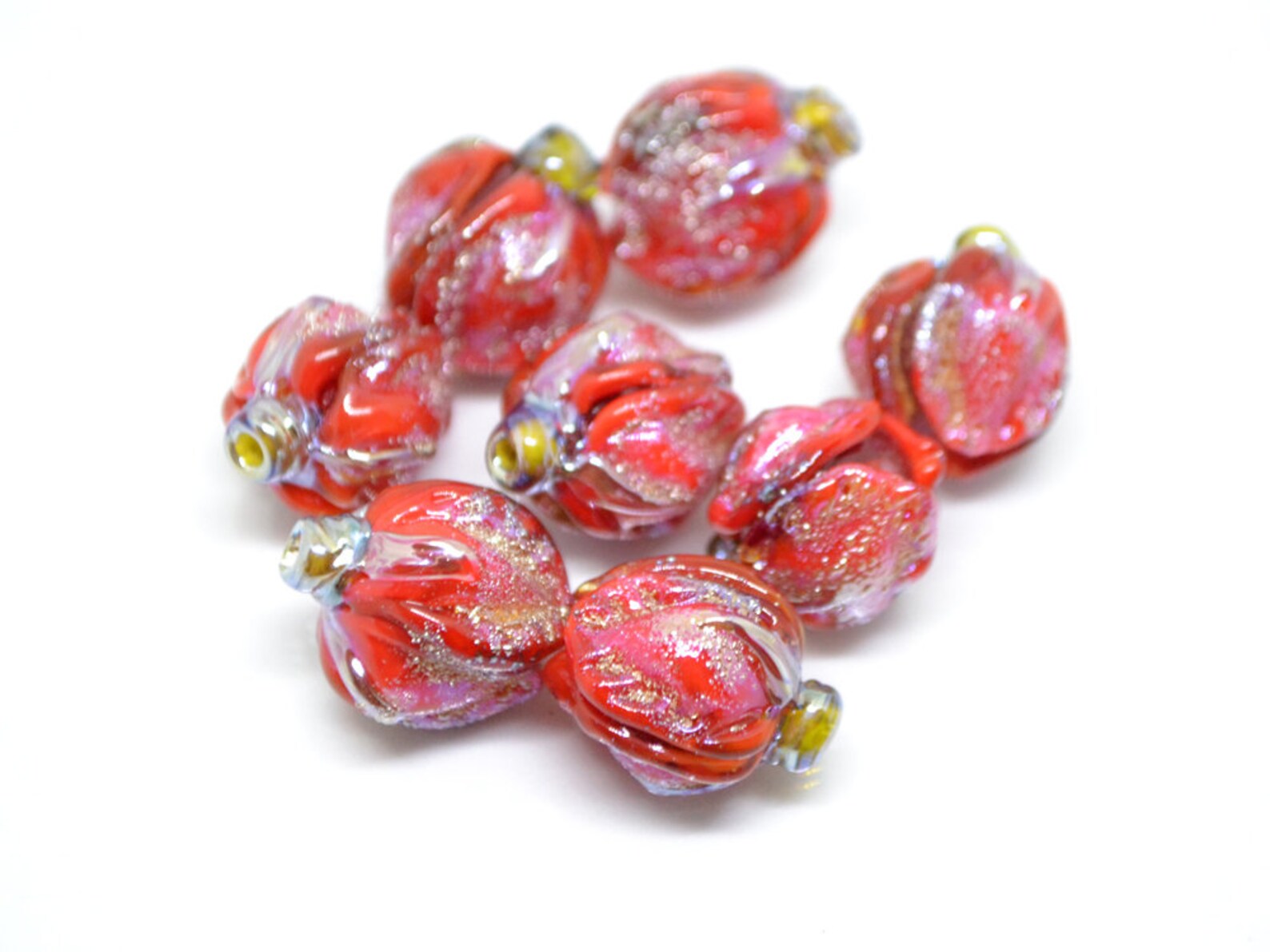 Scarlet Red Rose Bud Beads, Glitter Lampwork Bead, Stardust Flower ...