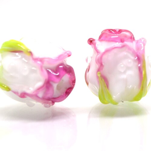 Amazing Pink White Rose Bud Beads Lampwork Rosebud Glass Etsy
