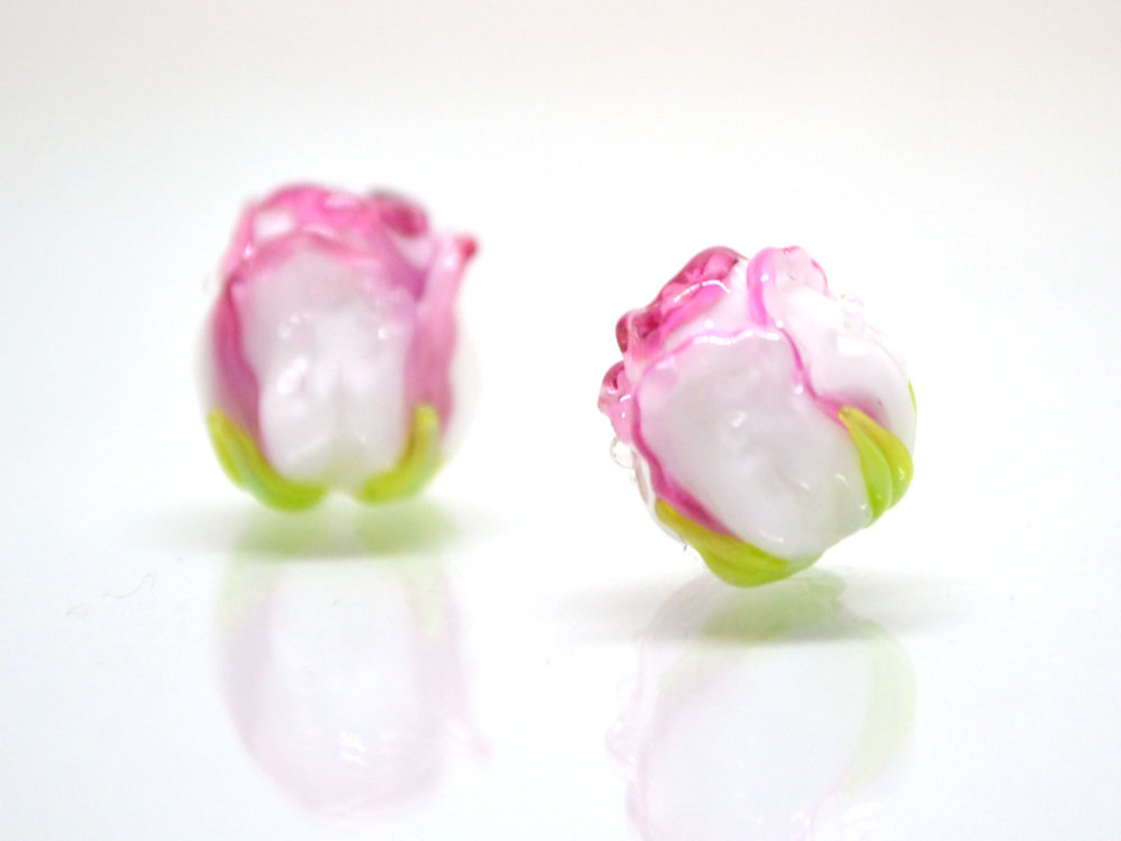 Amazing Pink White Rose Bud Beads, Lampwork Rosebud, Glass Rose Beads ...
