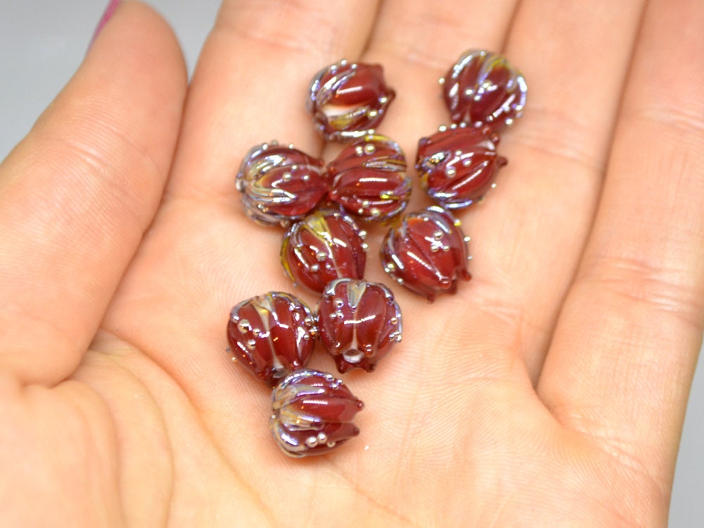 Flower lampwork bead 10mm Dark red flower bud with silver | Etsy