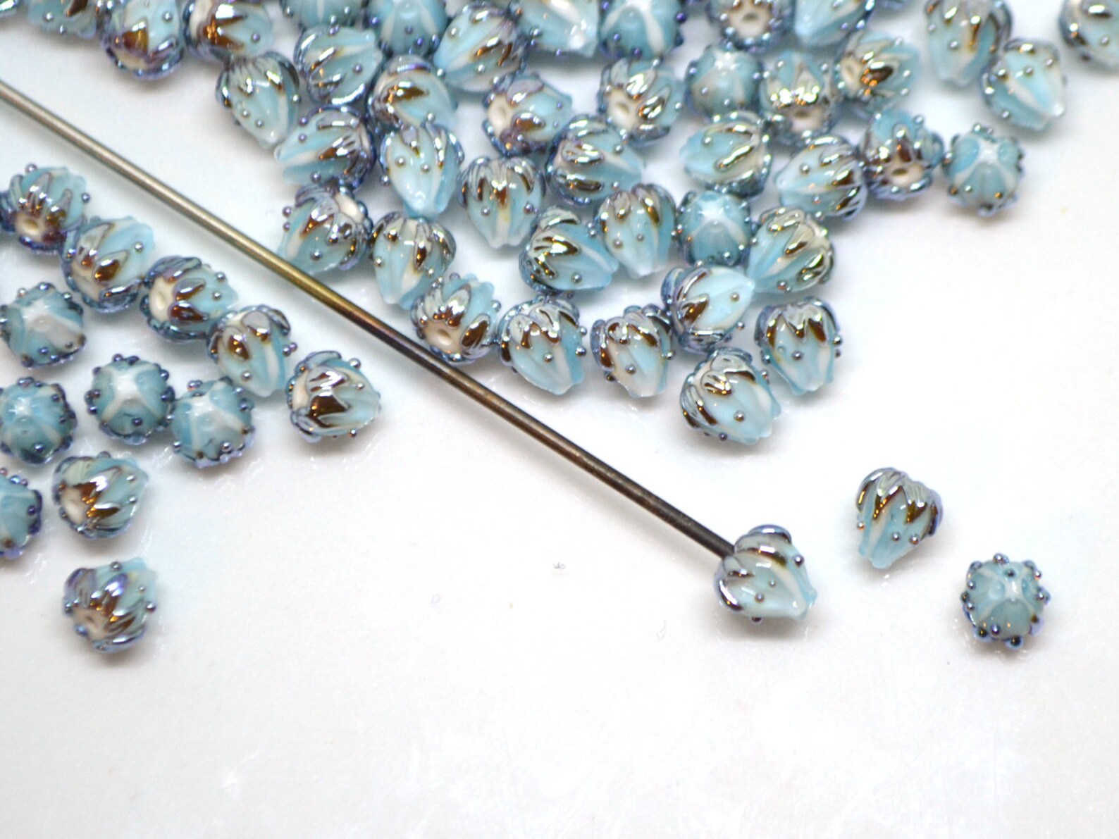 Very Small 7mm Pale Blue and Silver Flower Glass Beads Tiny | Etsy
