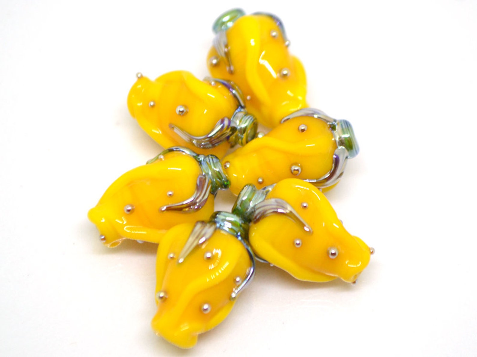 Yellow Twisted Rosebud Beads, Honey Yellow Glass Bead, Flower Lampwork ...