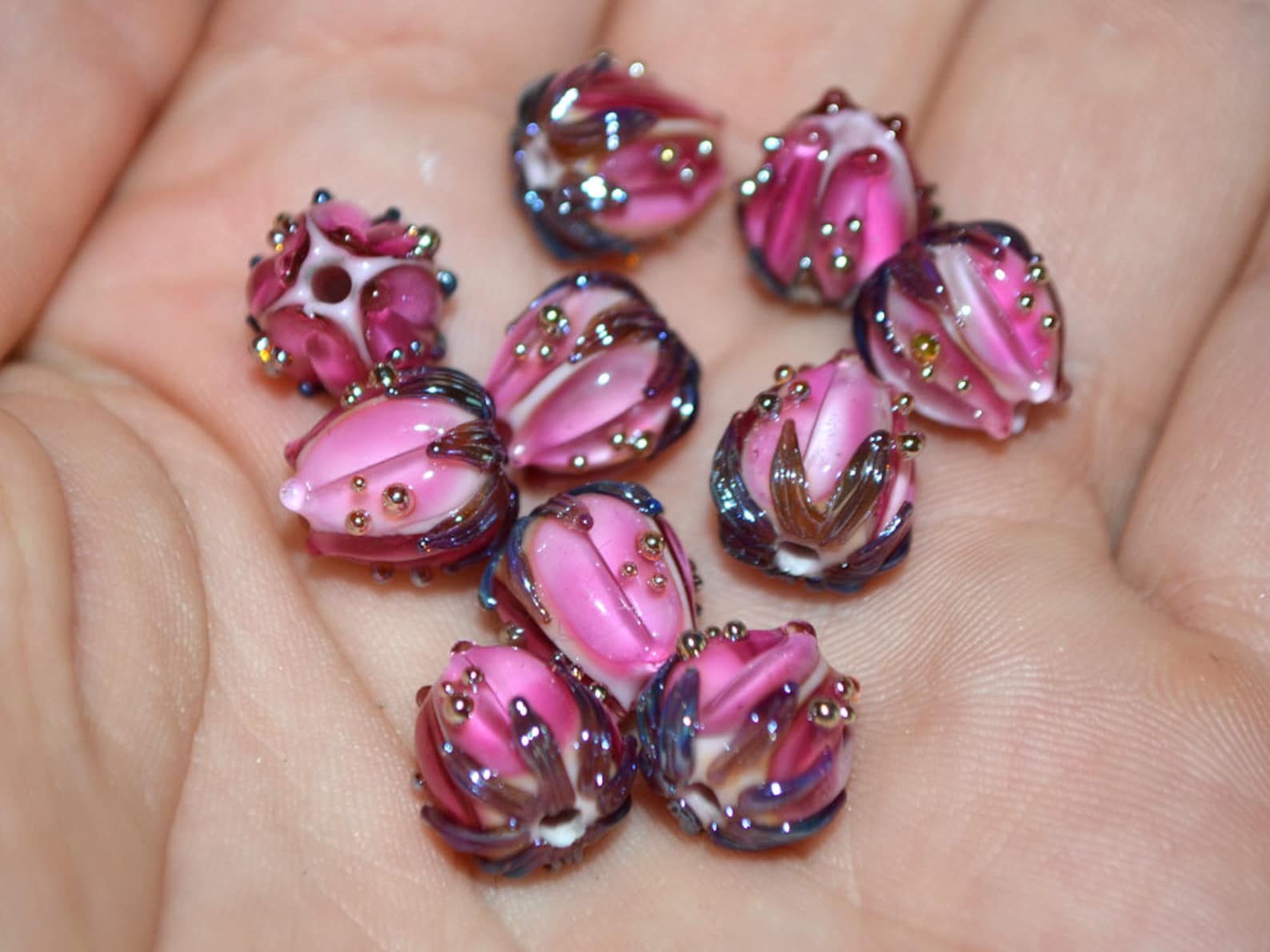 Bright Pink Flower Beads Silver 10mm Flower Beads Lampwork | Etsy