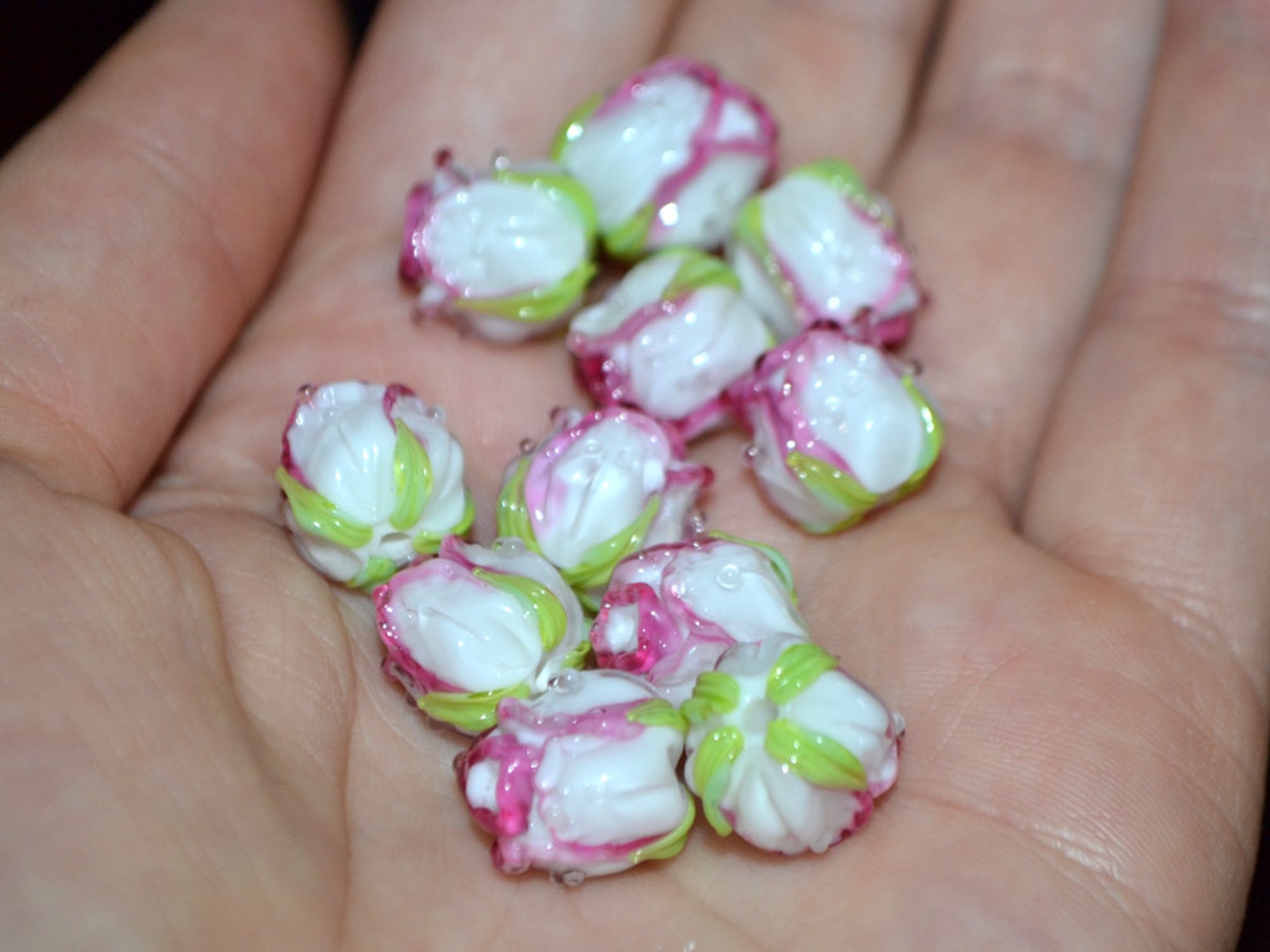 Amazing Pink White Rose Bud Beads, Lampwork Rosebud, Glass Rose Beads ...