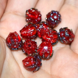Bright Red Sparkle Flower Beads With Silver Dots, Floral Lampwork, 10mm ...