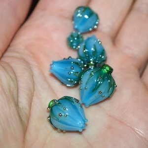 Powder Blue Glass Beads, Handmade Glass Beads, Lampwork Flower Beads ...