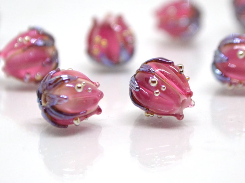 Bright Pink Flower Beads Silver, 10mm Flower Beads, Lampwork Rose Buds ...