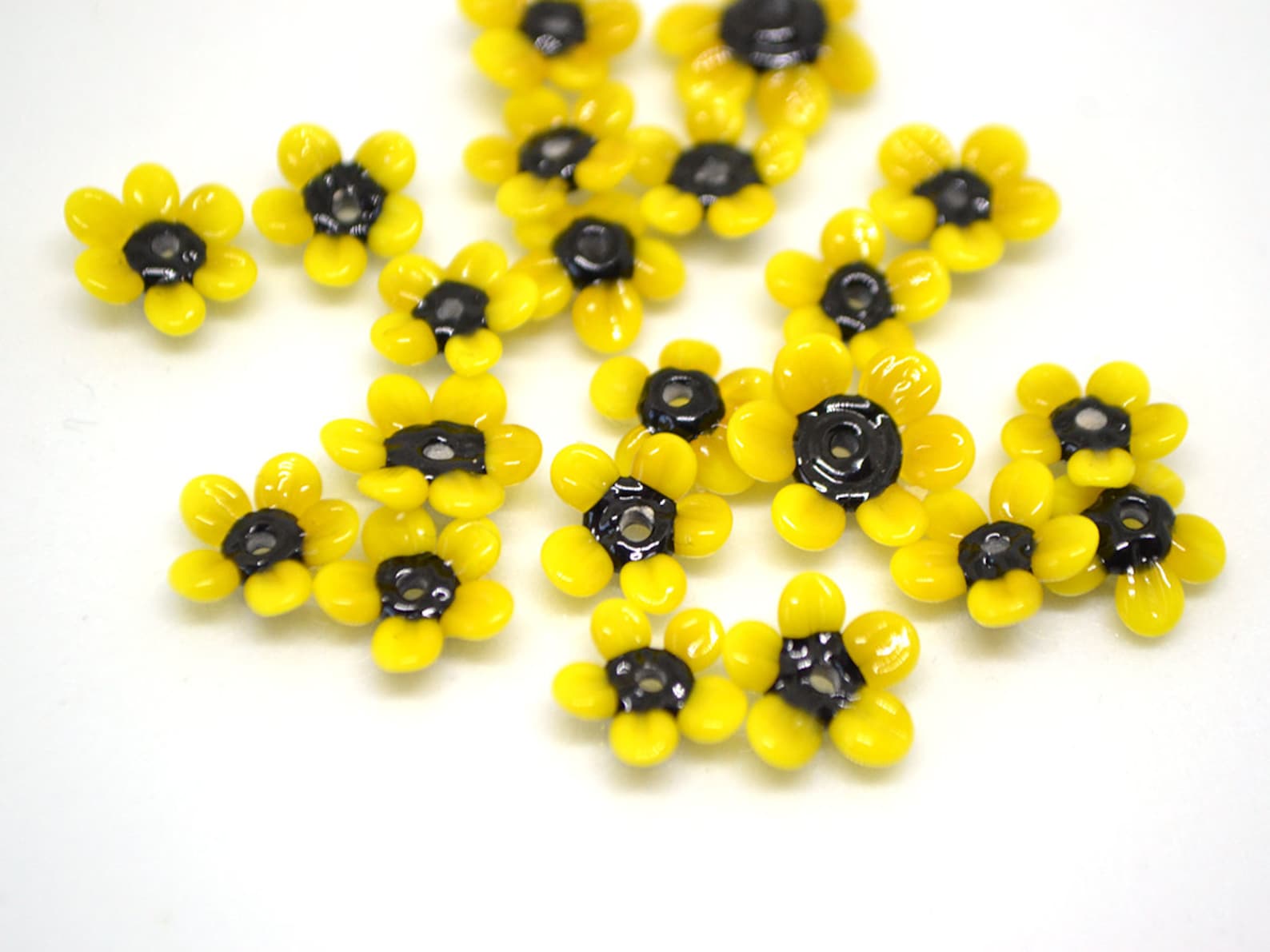 Sunflower Glass Beads, Very Small Yellow Flower Beads, Yellow Black ...