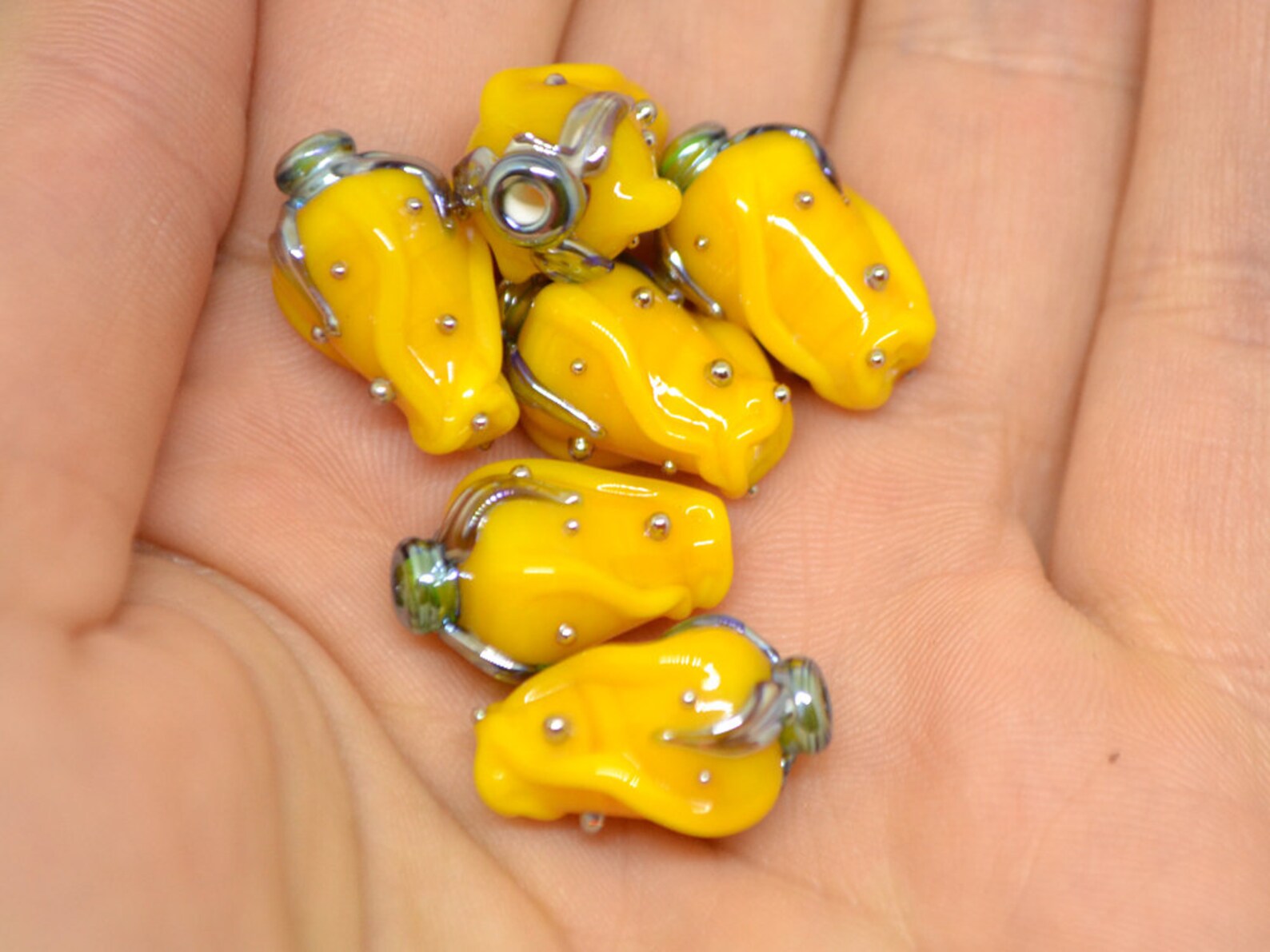 Yellow Twisted Rosebud Beads, Honey Yellow Glass Bead, Flower Lampwork ...
