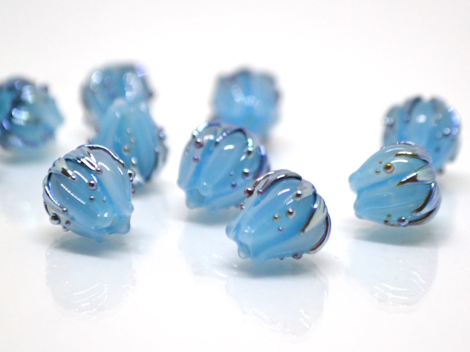 Pastel Blue Flower Beads Silver, 10mm Glass Beads, Flower Lampwork Bead ...