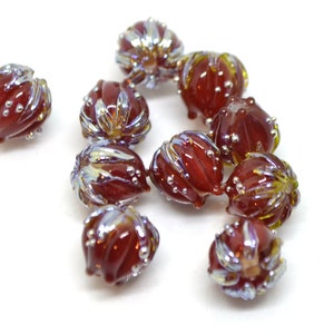 Flower Lampwork Bead, 10mm Dark Red Flower Bud With Silver, Artisan ...