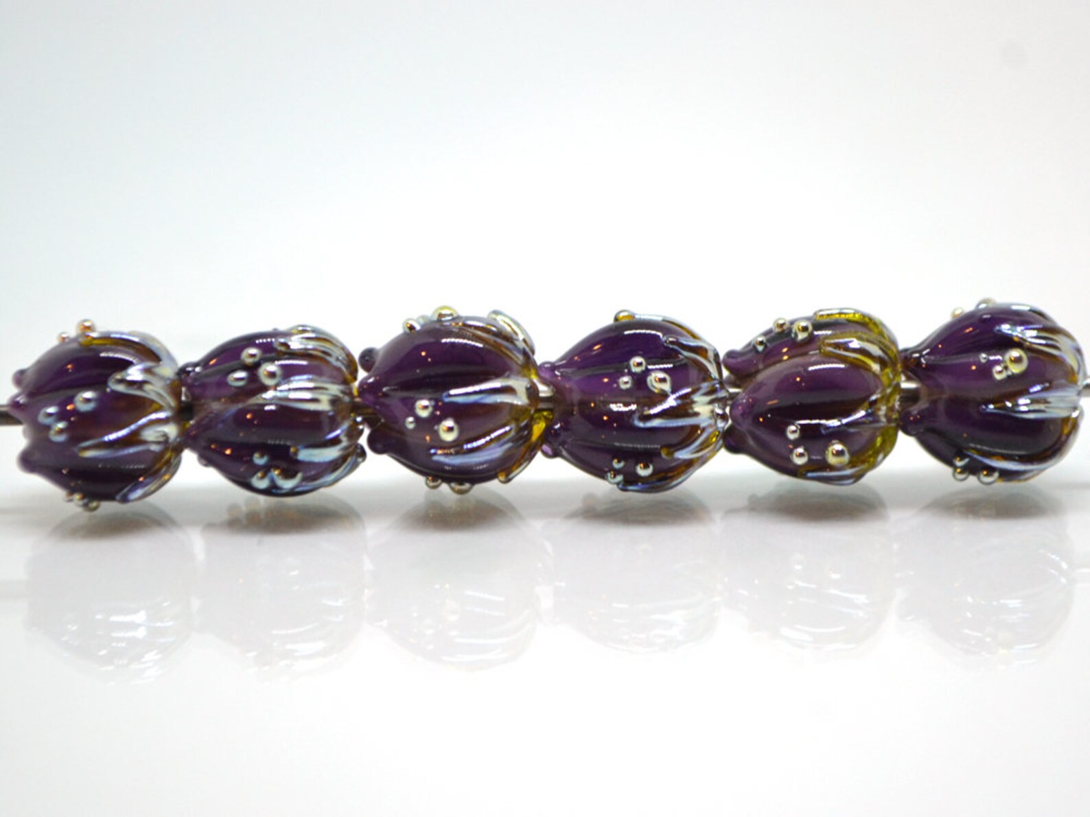 Dark Purple Flower Beads Silver Dots, 10mm Glass Beads, Artisan ...
