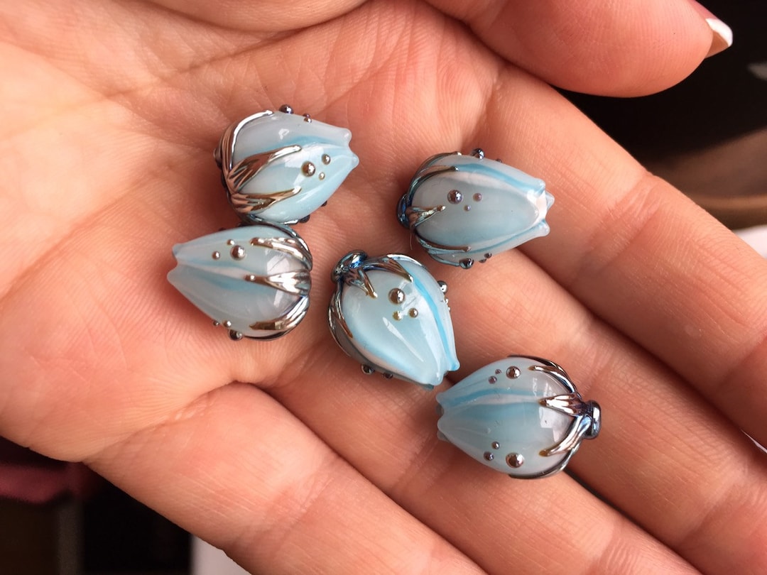 Pastel Blue Flower Beads|handmade Glass Beads|light Blue Silver|floral ...