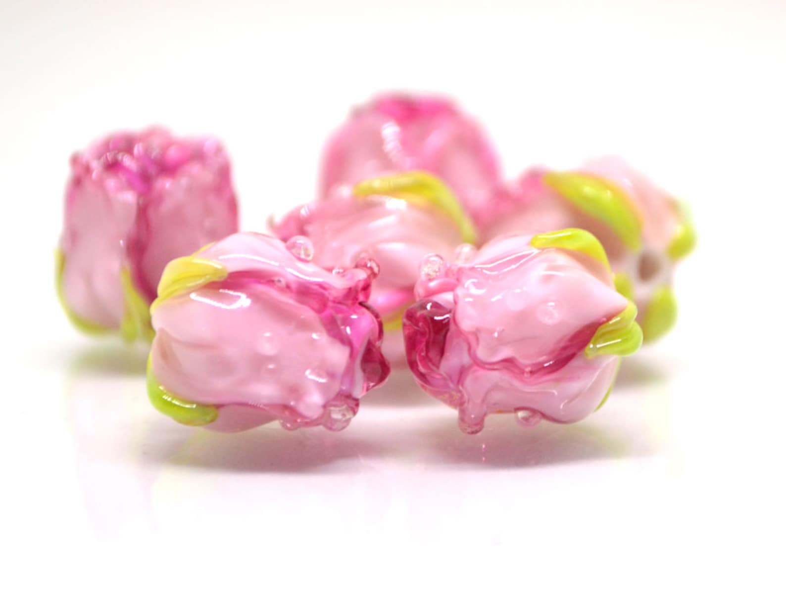 Bright Pink Rosebud Beads, Ombre Glass Beads, Gradient Floral Lampwork ...