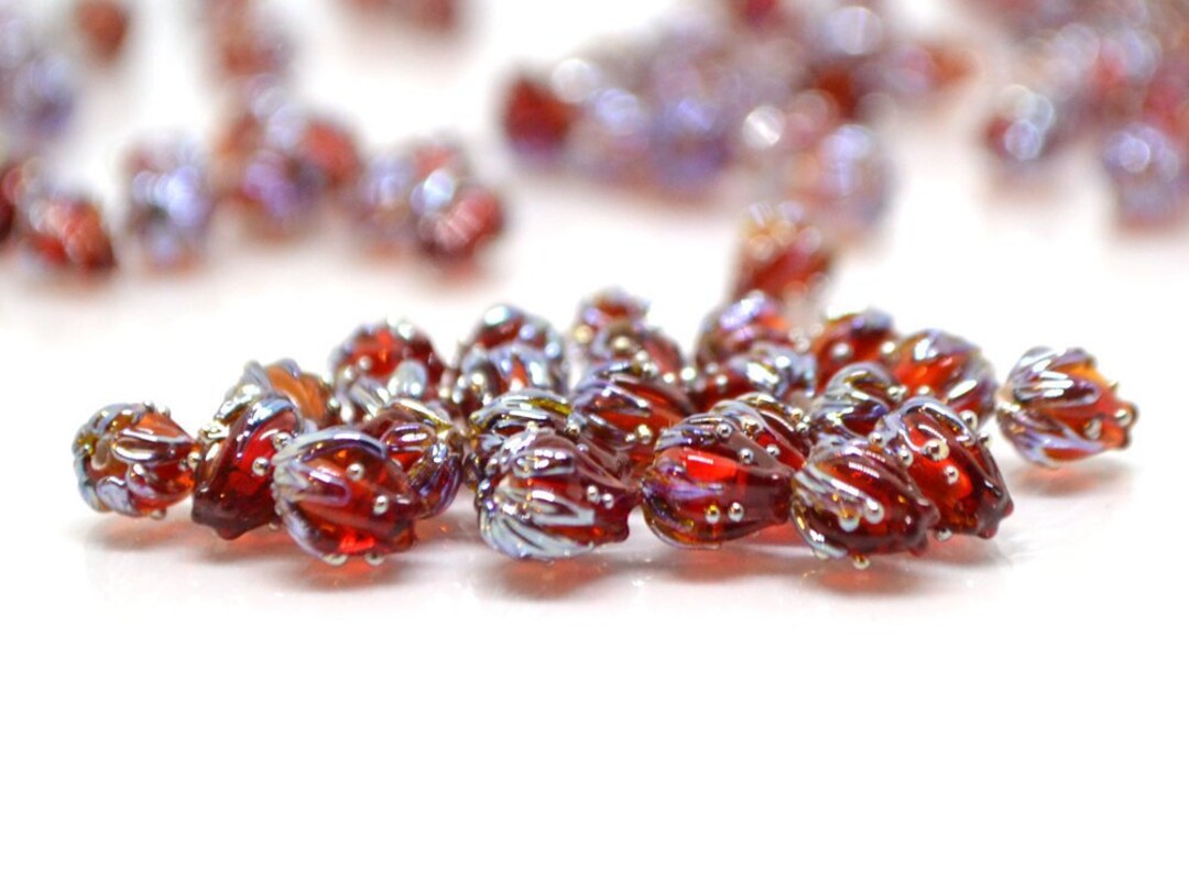 Red Wine and Silver Floral Lampwork Beads, 7mm Glass Beads, Half ...