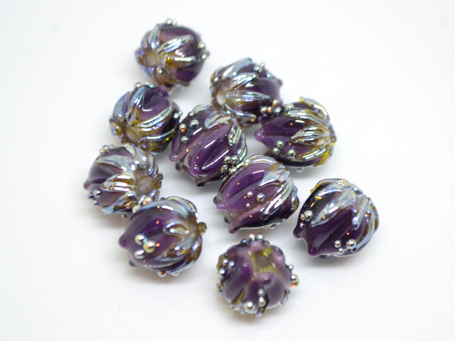 Dark Purple Flower Beads Silver Dots, 10mm Glass Beads, Artisan ...