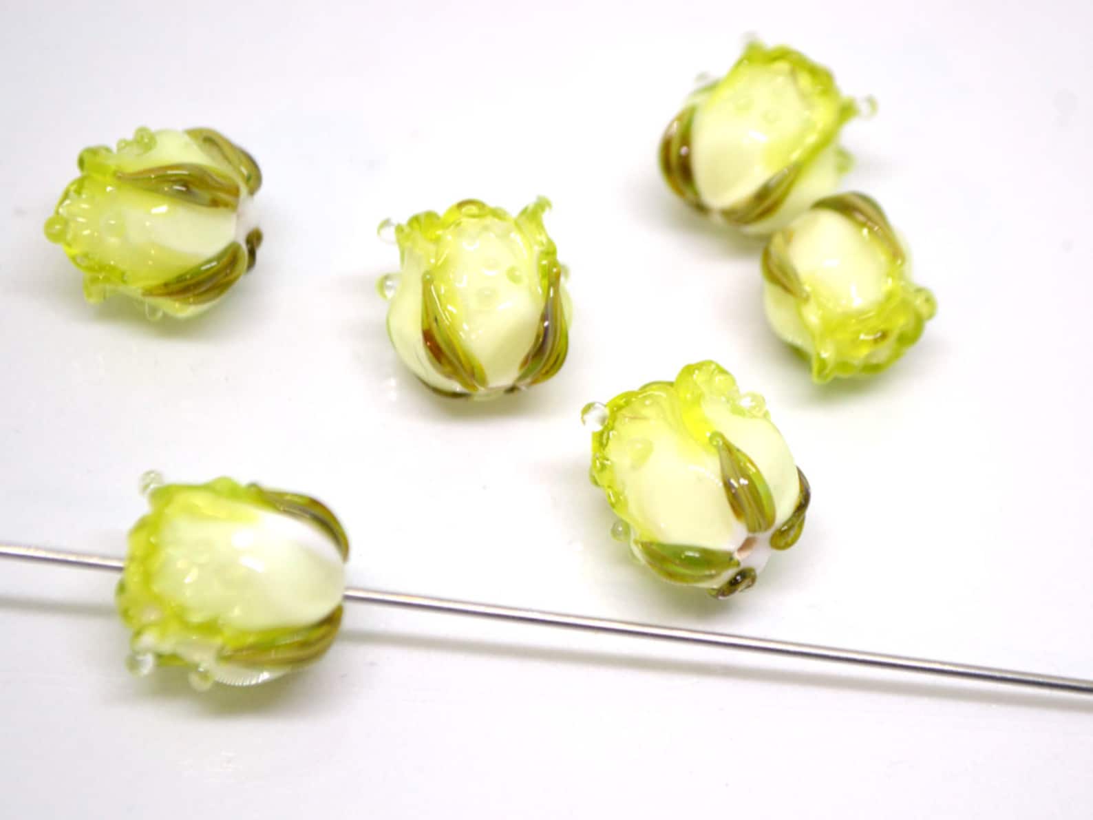 Green Yellow Rose Bud Beads, Lampwork Rose Beads, Salad Green Beads ...