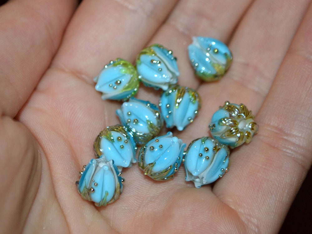 Lampwork glass flower beads 10mm Light aquamarine flower buds | Etsy