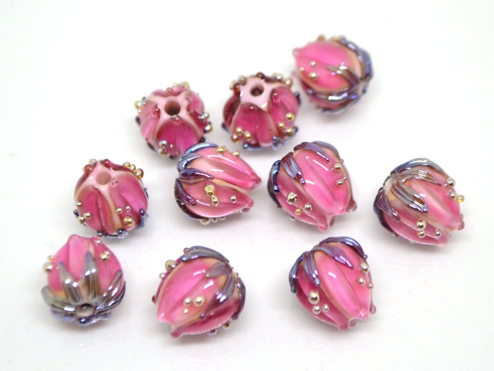 Bright Pink Flower Beads Silver 10mm Flower Beads Lampwork | Etsy