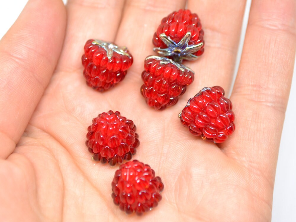 Red Silver Lampwork Raspberry, Red Glass Berries, Gloss Lampwork Beads ...
