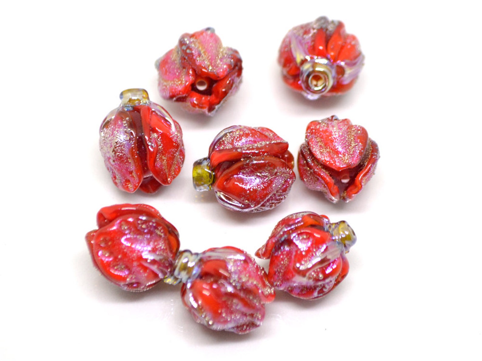 Scarlet Red Rose Bud Beads, Glitter Lampwork Bead, Stardust Flower ...