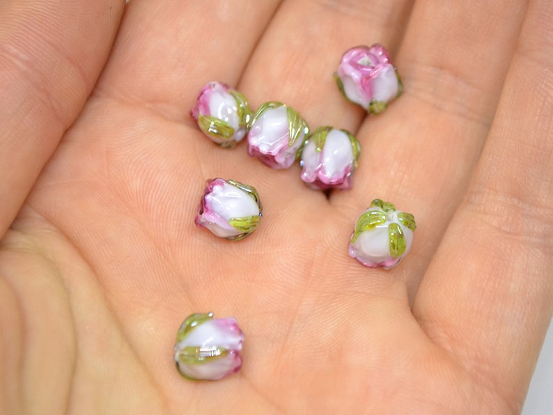 Pink White 8mm Rosebud Beads With Green Leaves Pink Floral | Etsy