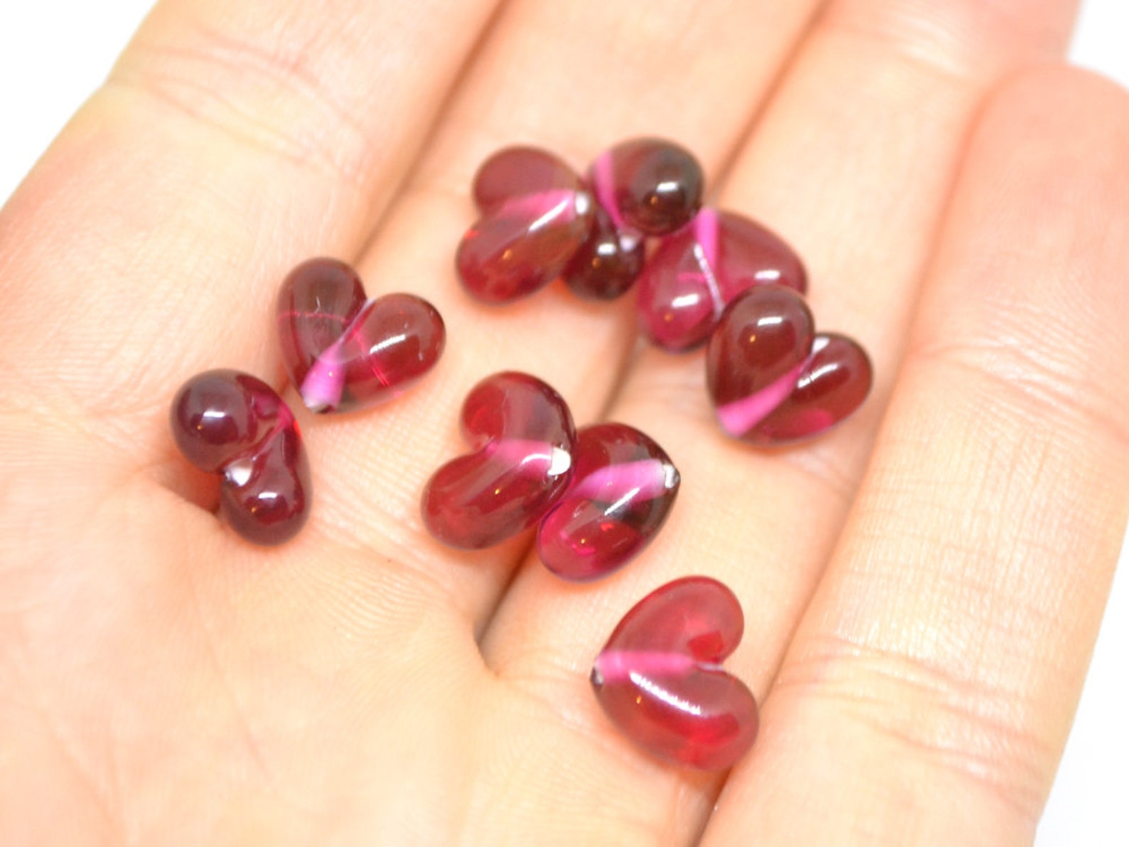 Small Pink Heart Beads, Flat Heart Beads, Lampwork Heart, Pink Glass ...