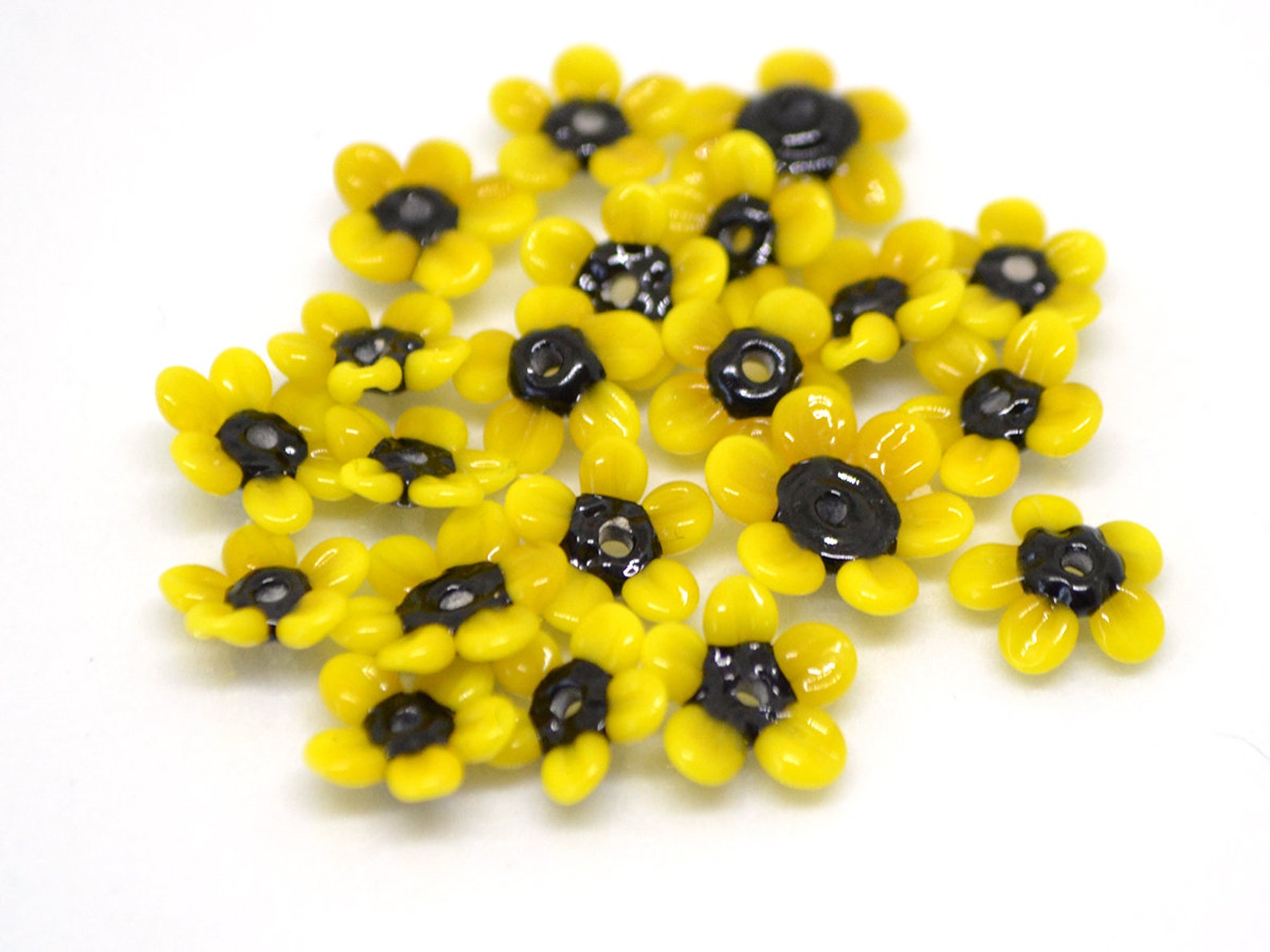 Sunflower Glass Beads, Very Small Yellow Flower Beads, Yellow Black ...