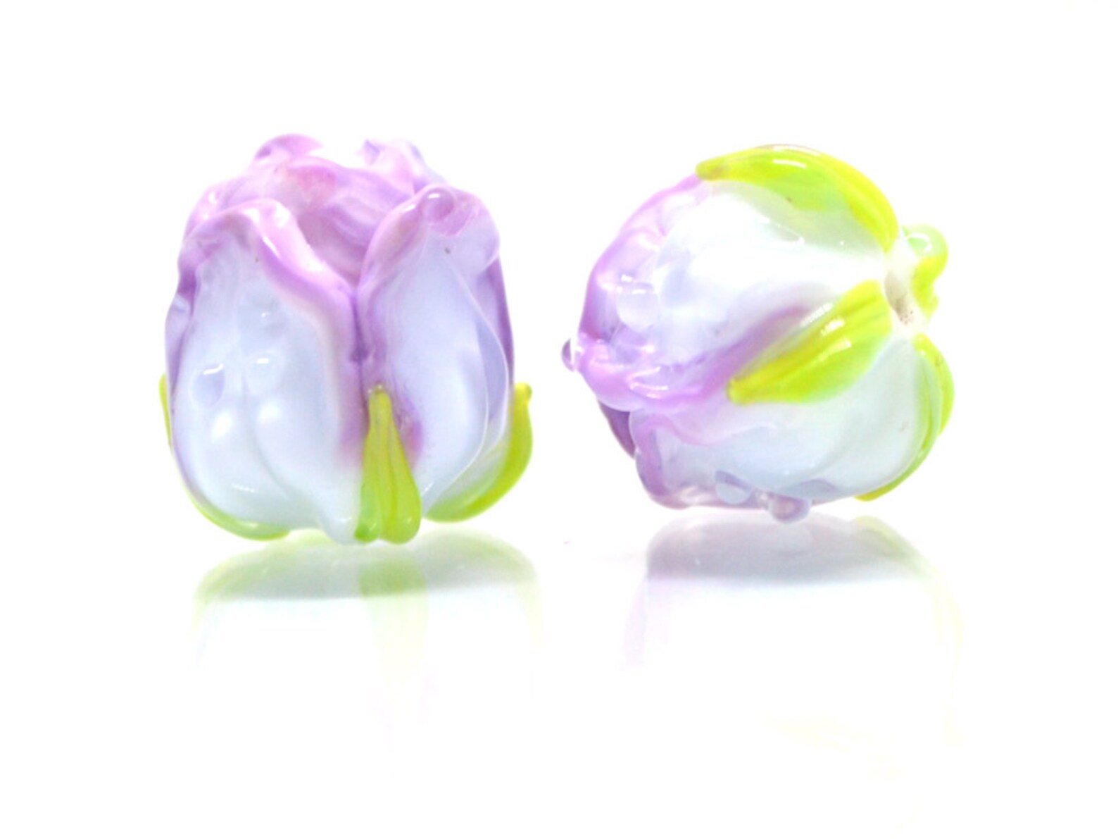 Lavender White Rosebud Beads, Purple Flower Lampwork, Glass Rose Beads ...