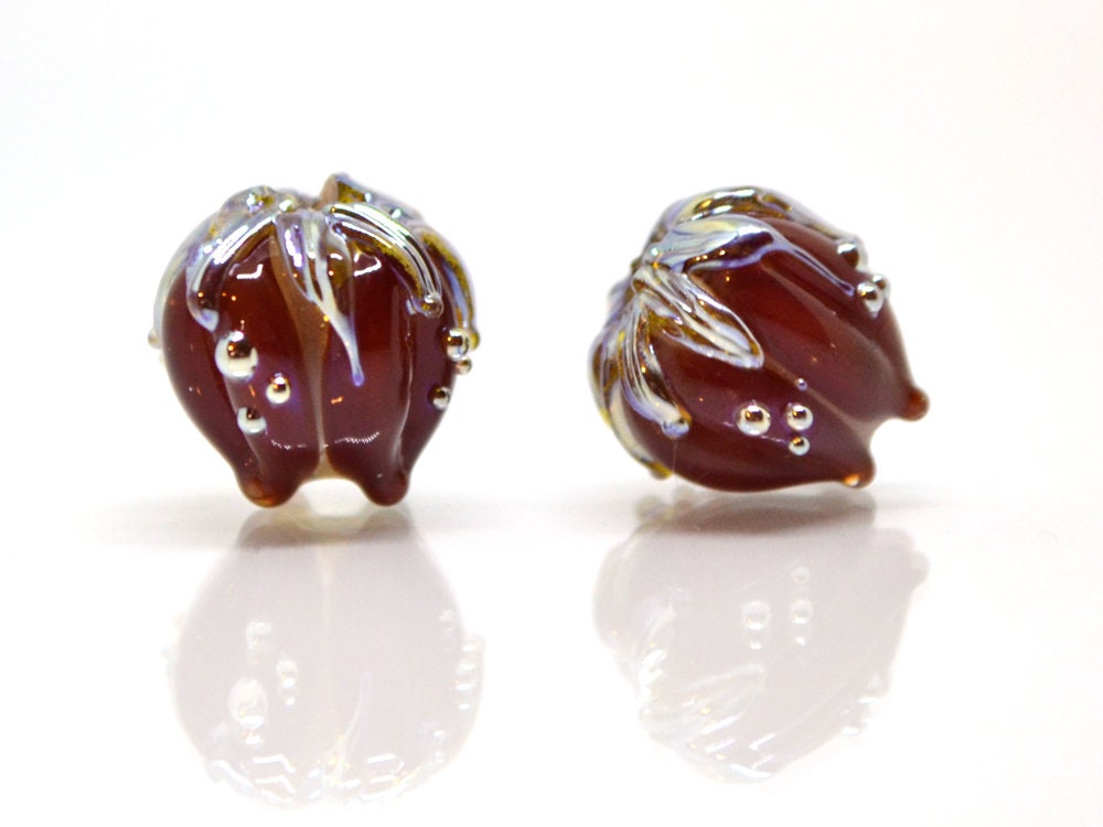 Flower lampwork bead 10mm Dark red flower bud with silver | Etsy