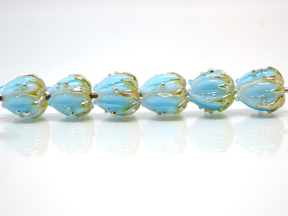 Lampwork glass flower beads 10mm Light aquamarine flower buds | Etsy