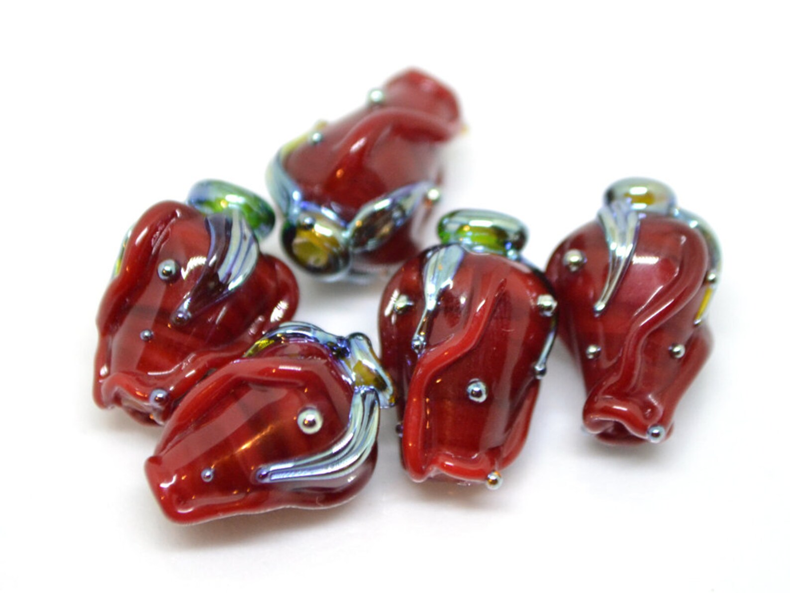 Red Bud Rose Beads, Lampwork Glass Rose Bud Bead, Flower Lampwork Bead ...