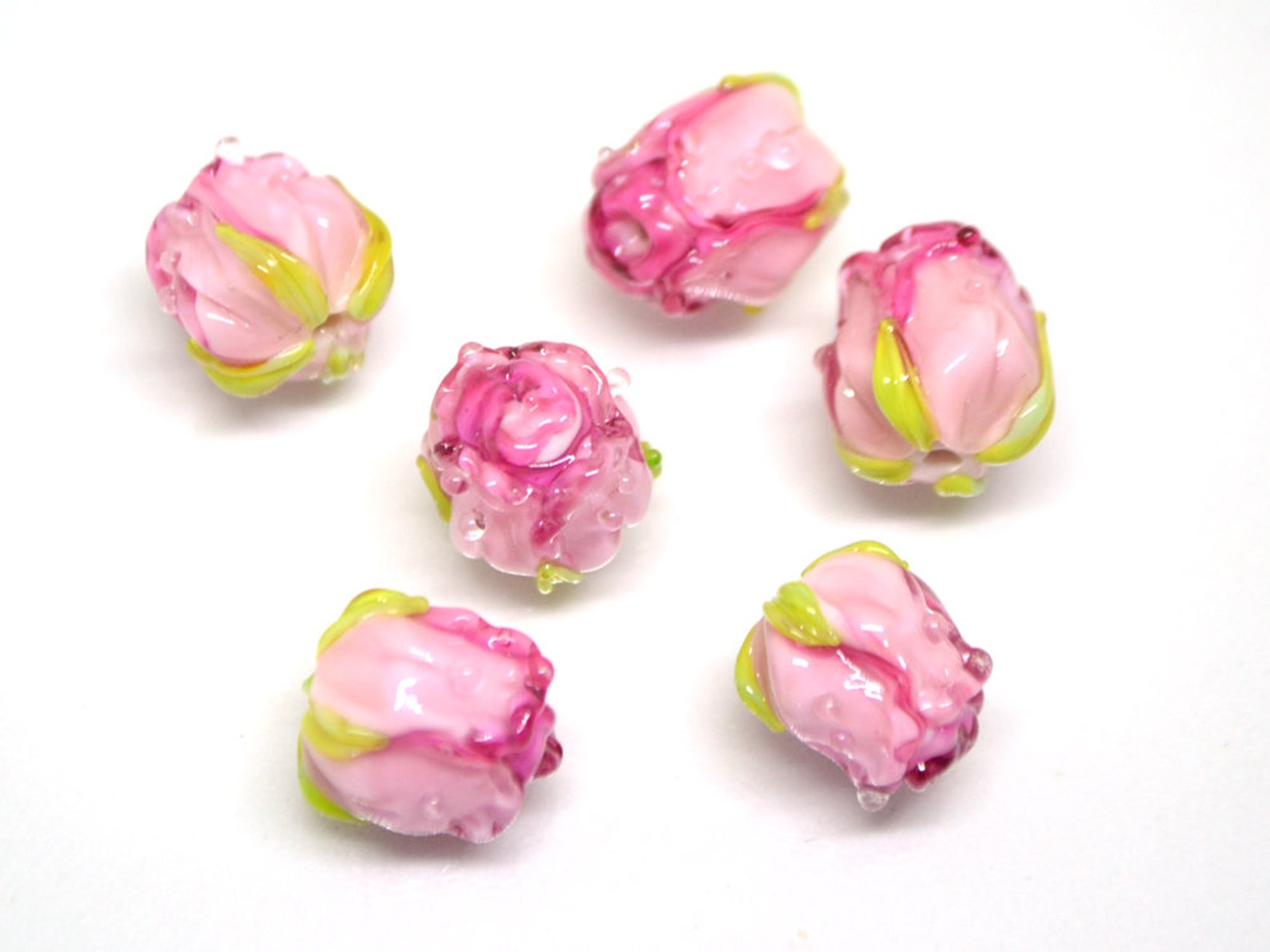 Bright Pink Rosebud Beads, Ombre Glass Beads, Gradient Floral Lampwork ...