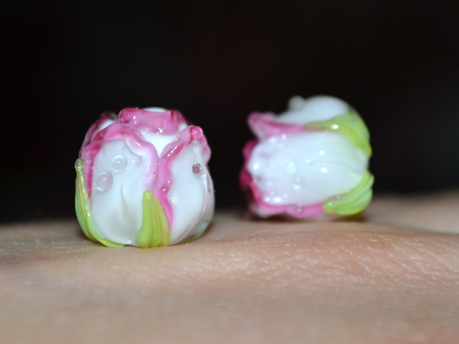 Amazing pink white rose bud beads lampwork rosebud Glass | Etsy