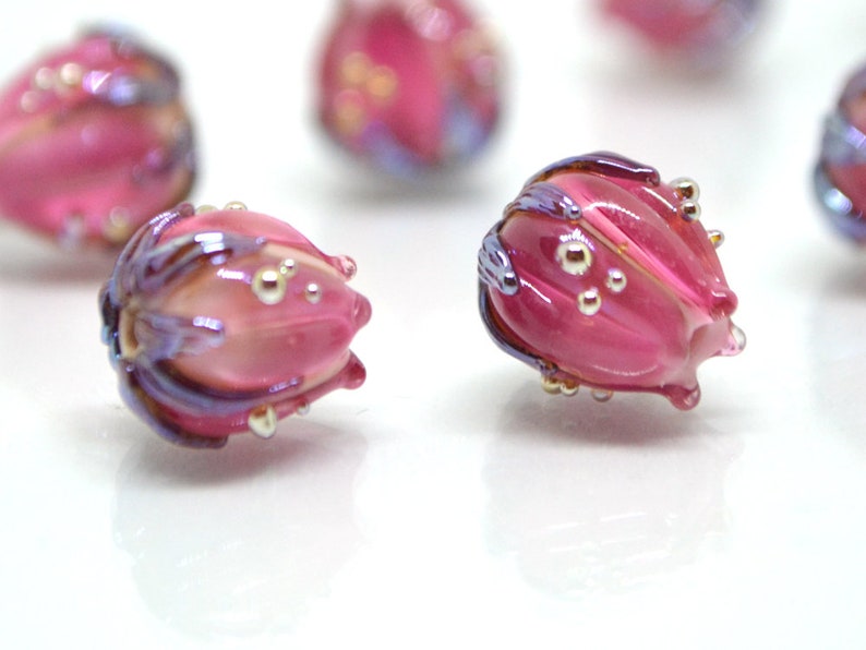 Bright Pink Flower Beads Silver, 10mm Flower Beads, Lampwork Rose Buds ...