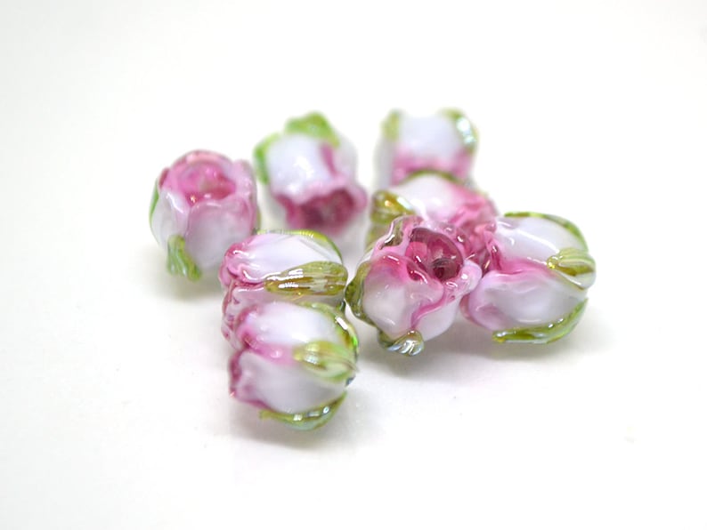 Pink White 8mm Rosebud Beads With Green Leaves Pink Floral Etsy