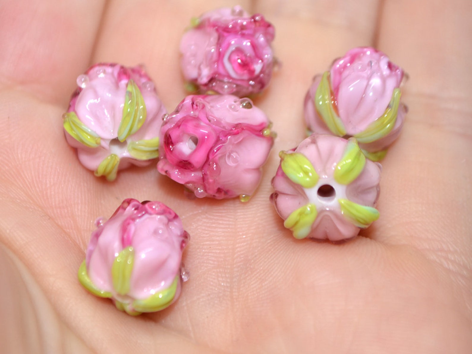 Bright Pink Rosebud Beads, Ombre Glass Beads, Gradient Floral Lampwork ...