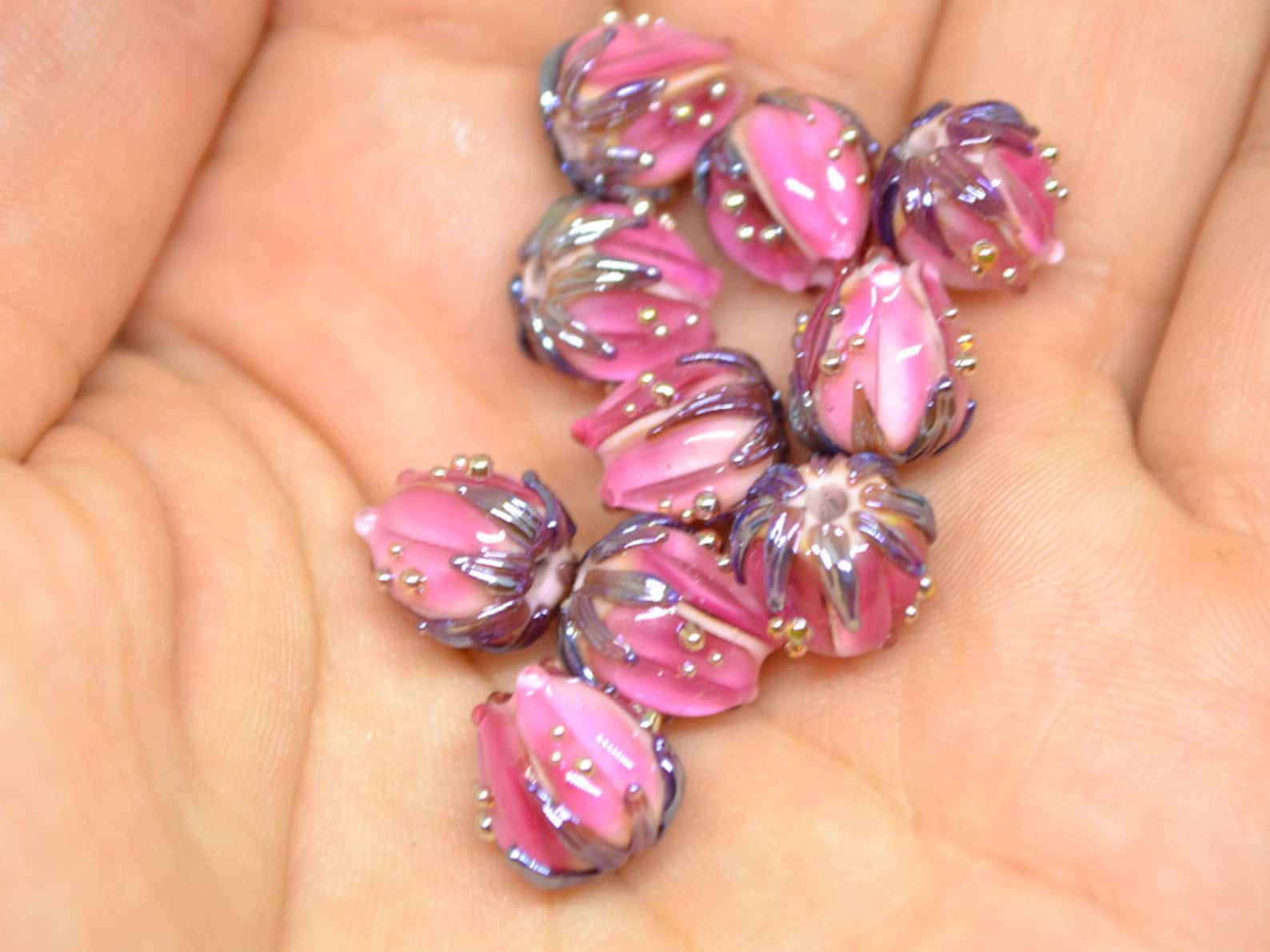 Bright Pink Flower Beads Silver 10mm Flower Beads Lampwork | Etsy