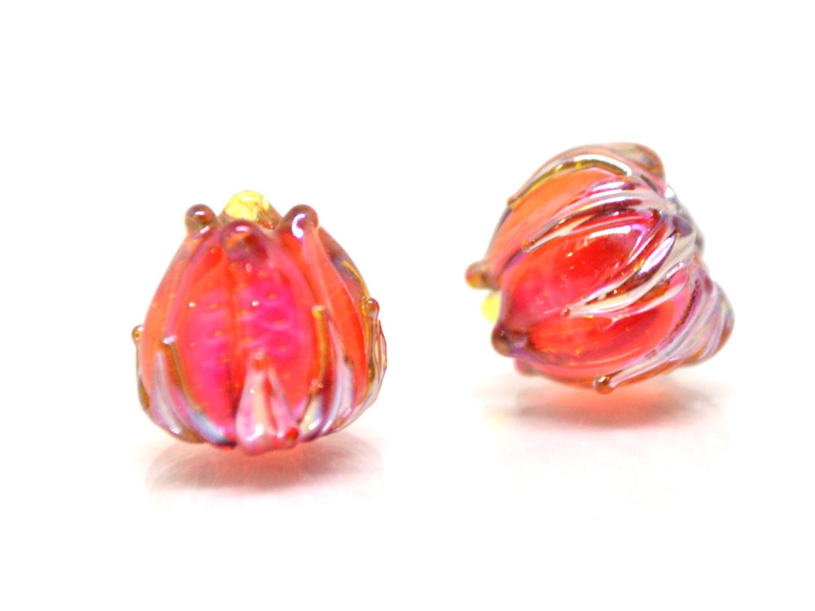 Red Orange Silver Floral Beads, Flower Lampwork Bead, 10mm Flower Beads ...