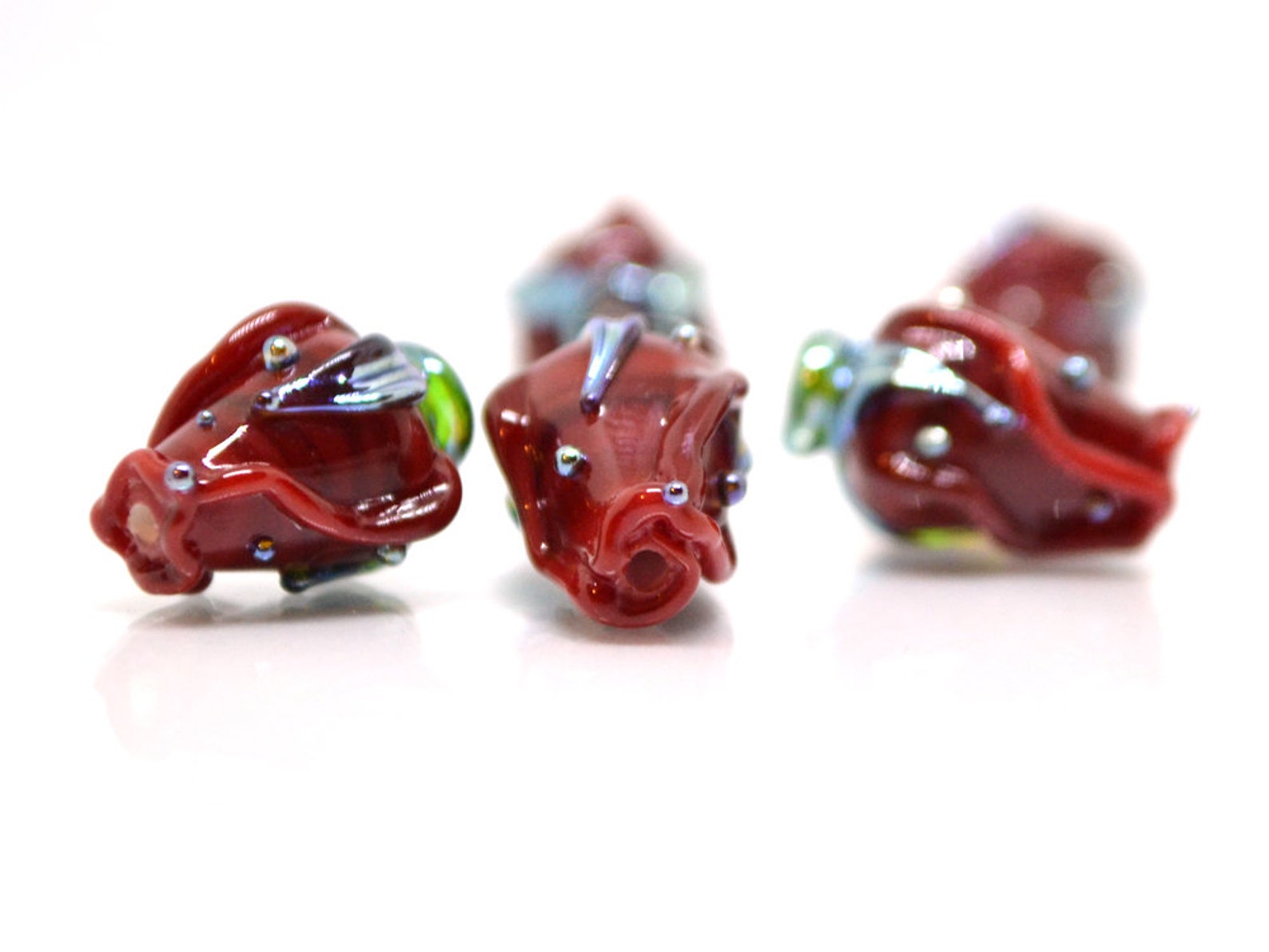 Red Bud Rose Beads, Lampwork Glass Rose Bud Bead, Flower Lampwork Bead ...