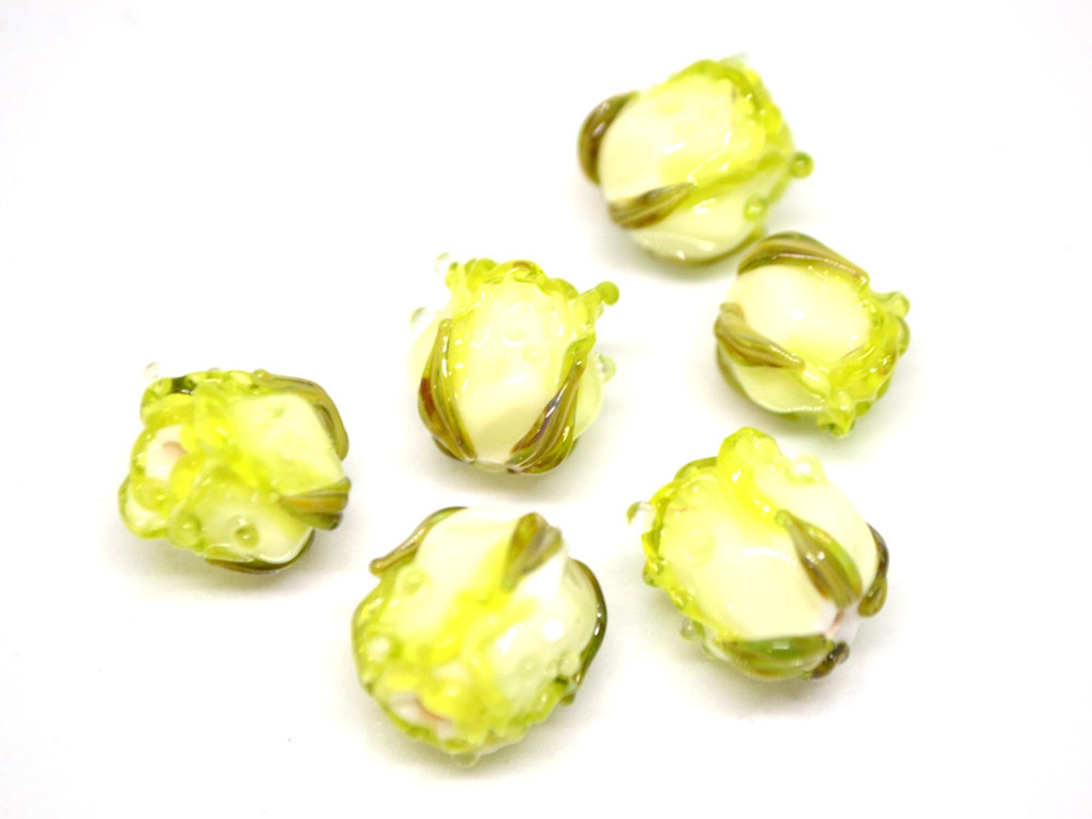 Green Yellow Rose Bud Beads, Lampwork Rose Beads, Salad Green Beads ...