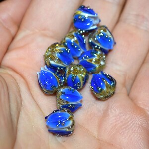 Dark Blue Bead With Gold Drops, 10mm Handmade Lampwork Flower Bead ...