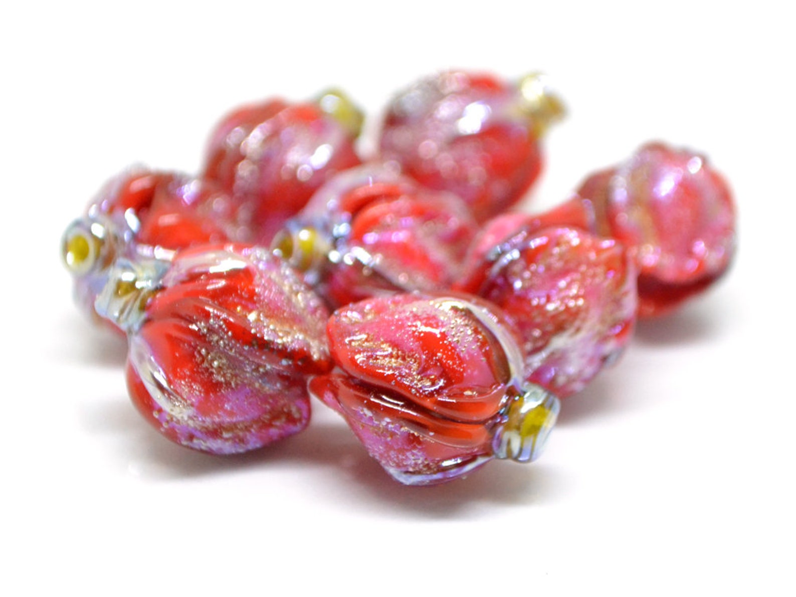 Scarlet Red Rose Bud Beads, Glitter Lampwork Bead, Stardust Flower ...