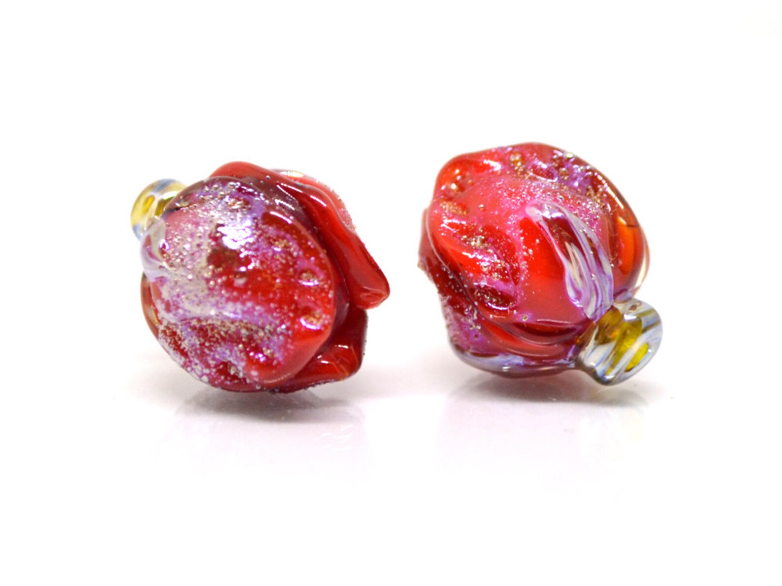 Scarlet Red Rose Bud Beads, Glitter Lampwork Bead, Stardust Flower ...