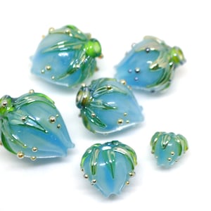 Powder Blue Glass Beads, Handmade Glass Beads, Lampwork Flower Beads ...